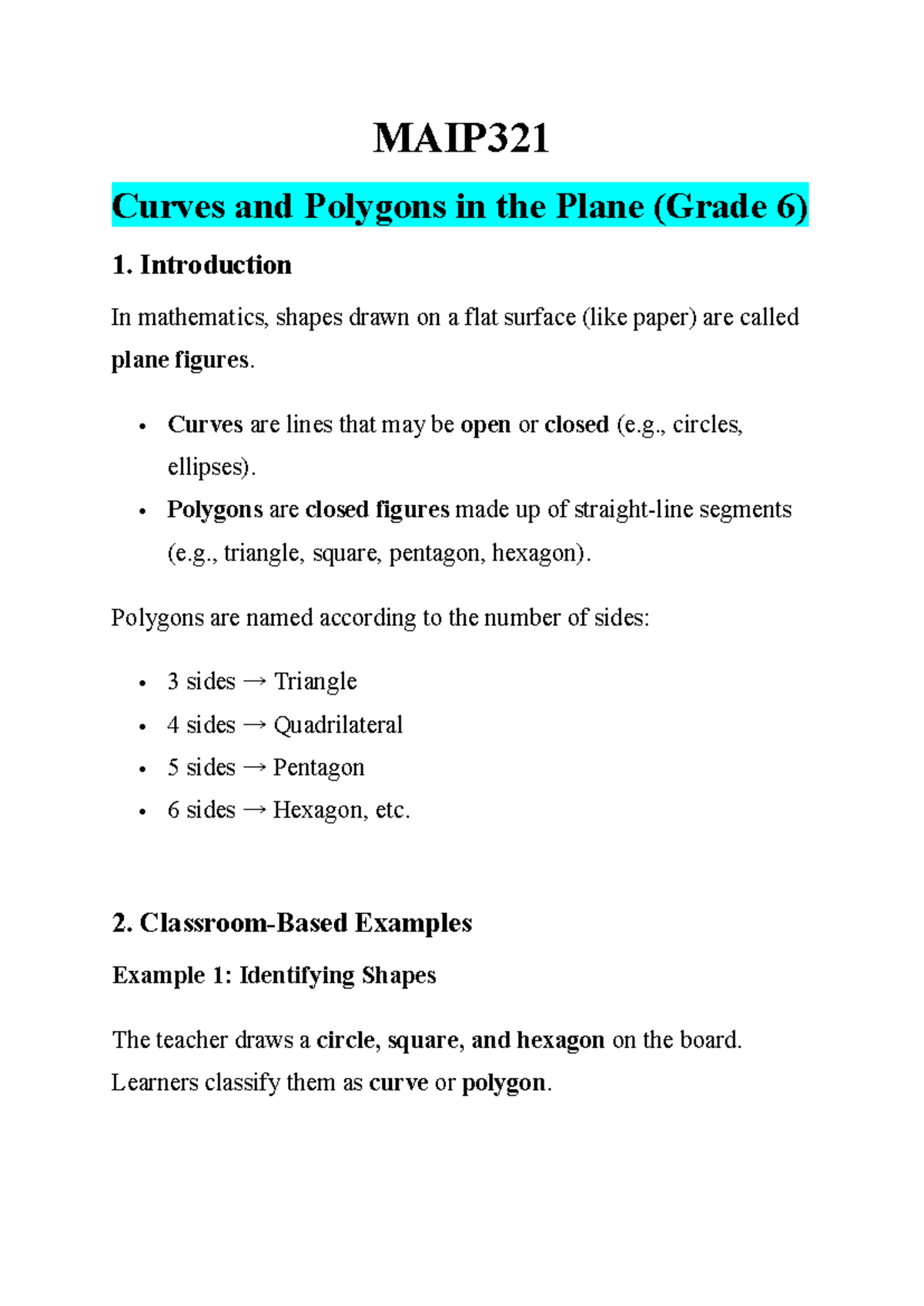 MAIP321 Lesson on Curves and Polygons for Grade 6 - Studocu