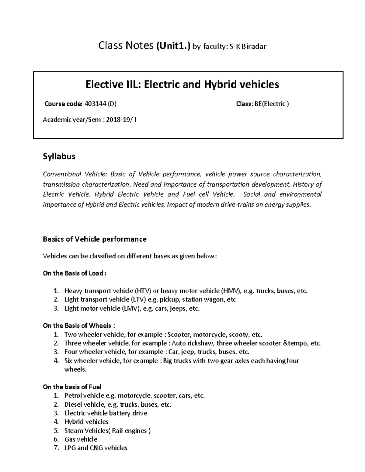 HEV 403144 (D) Unit I Class Notes: Electric & Hybrid Vehicles Overview ...