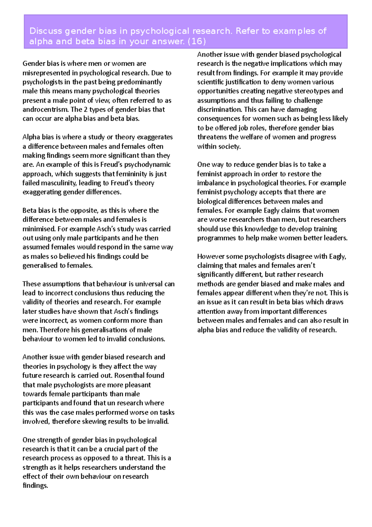 Gender Bias in Psychological Research: Alpha & Beta Bias Examples - Studocu