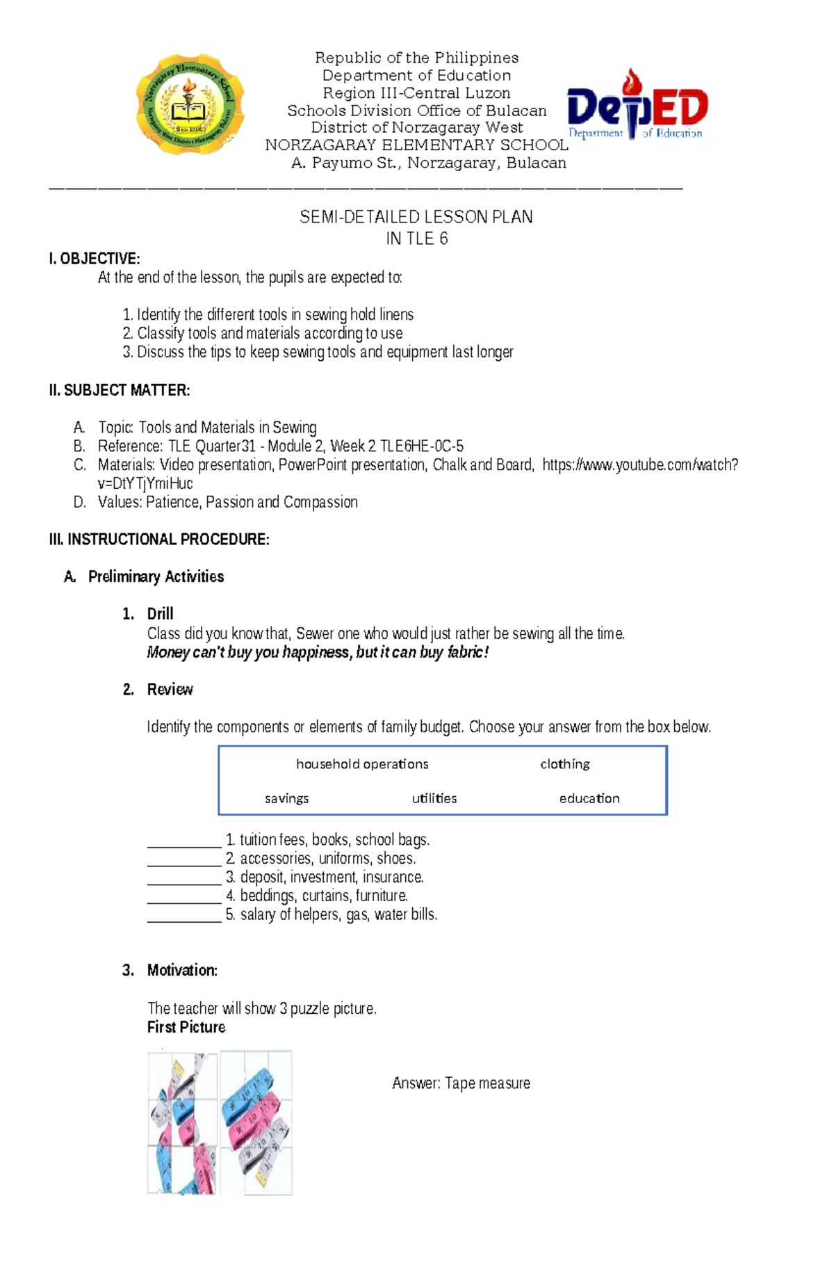 TLE 6 Lesson Plan: Tools & Materials in Sewing (3rd Quarter) - Studocu