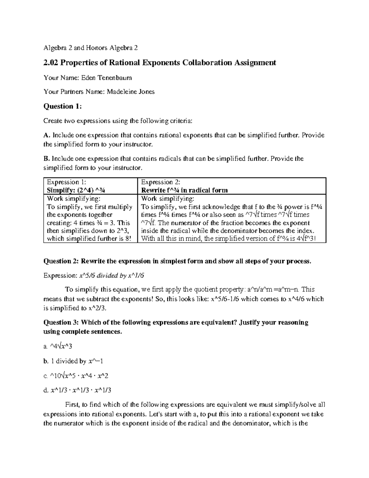 Algebra 2 2.02 Properties of Rational Exponents Collaboration ...