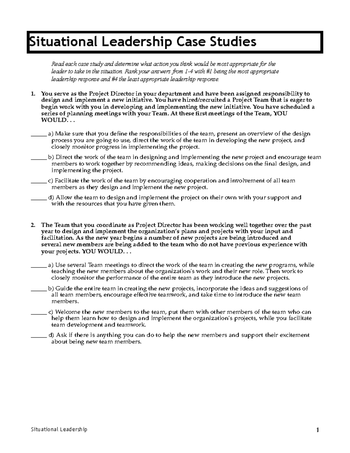 Situational Leadership Case Study Analysis for Project Management - Studocu