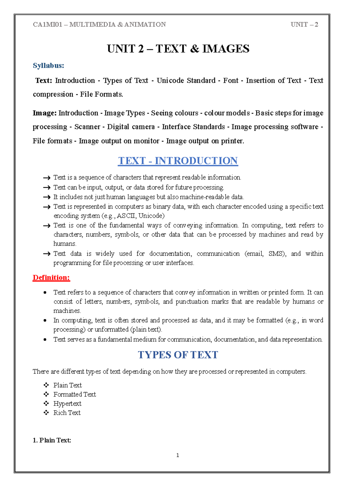 Multimedia & Animation - Unit 2: Text and Image Fundamentals - Studocu