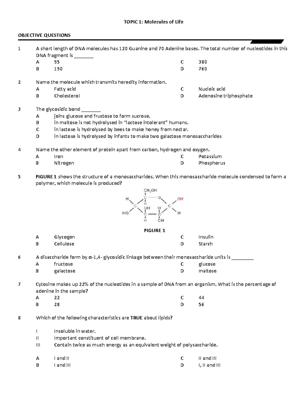 SB015: Topic 1 - Molecules of Life Objective Questions - Studocu