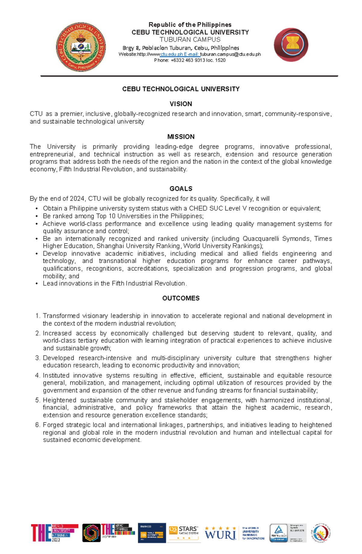 CTU-VMGO - Vision, Mission, Goals, and Outcomes of CTU - Studocu