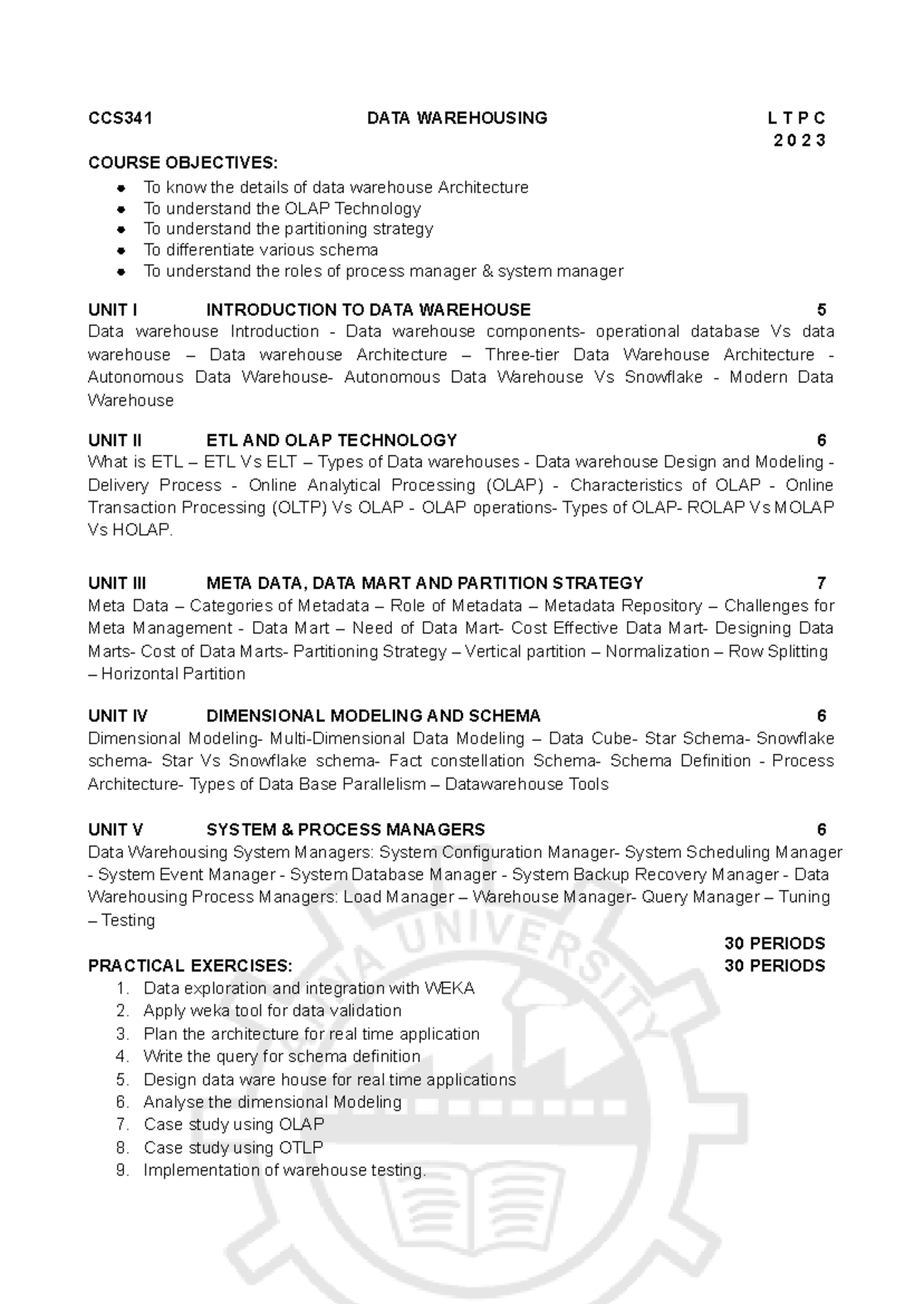 DATA LTPC 2023 Data Warehousing Course Syllabus and Objectives - Studocu