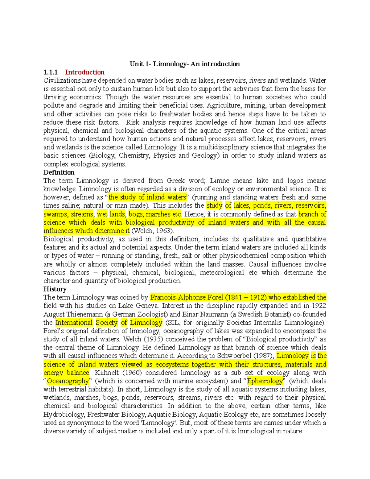 001 Limnology: Introduction to Aquatic Systems and Their History - Studocu