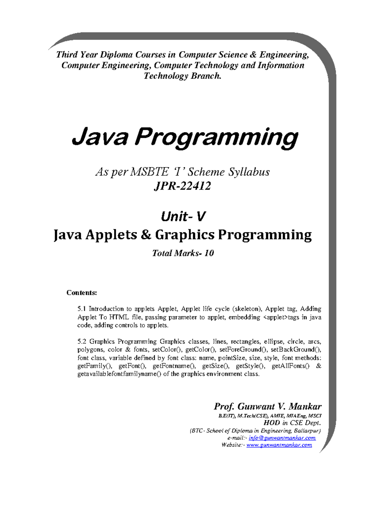 JPR-22412 Java Programming Unit V: Applets & Graphics Notes - Studocu