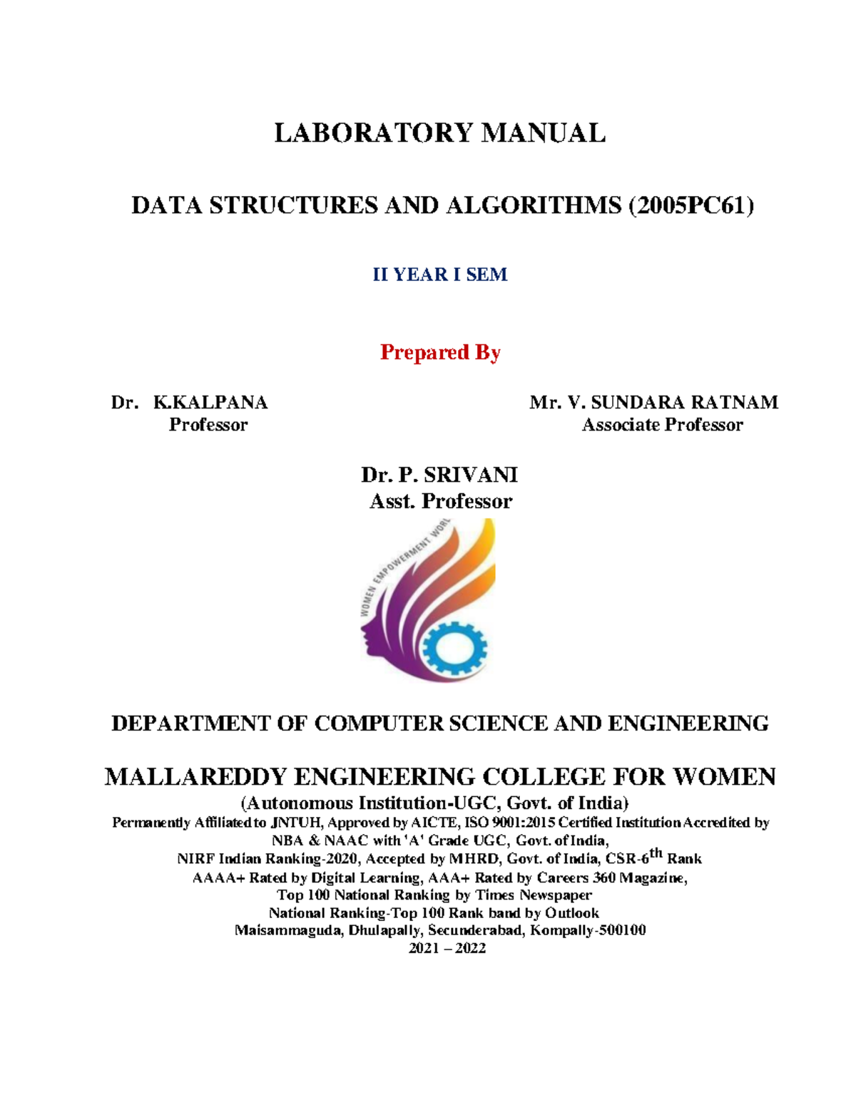 DATA STRUCTURES LAB MANUAL (2005PC61) - C IMPLEMENTATIONS 2021-2022 ...