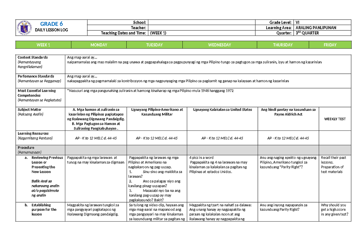 DLL AP 6 WEEK 1 - Modules in Araling Panlipunan 6 - GRADE 6 DAILY ...