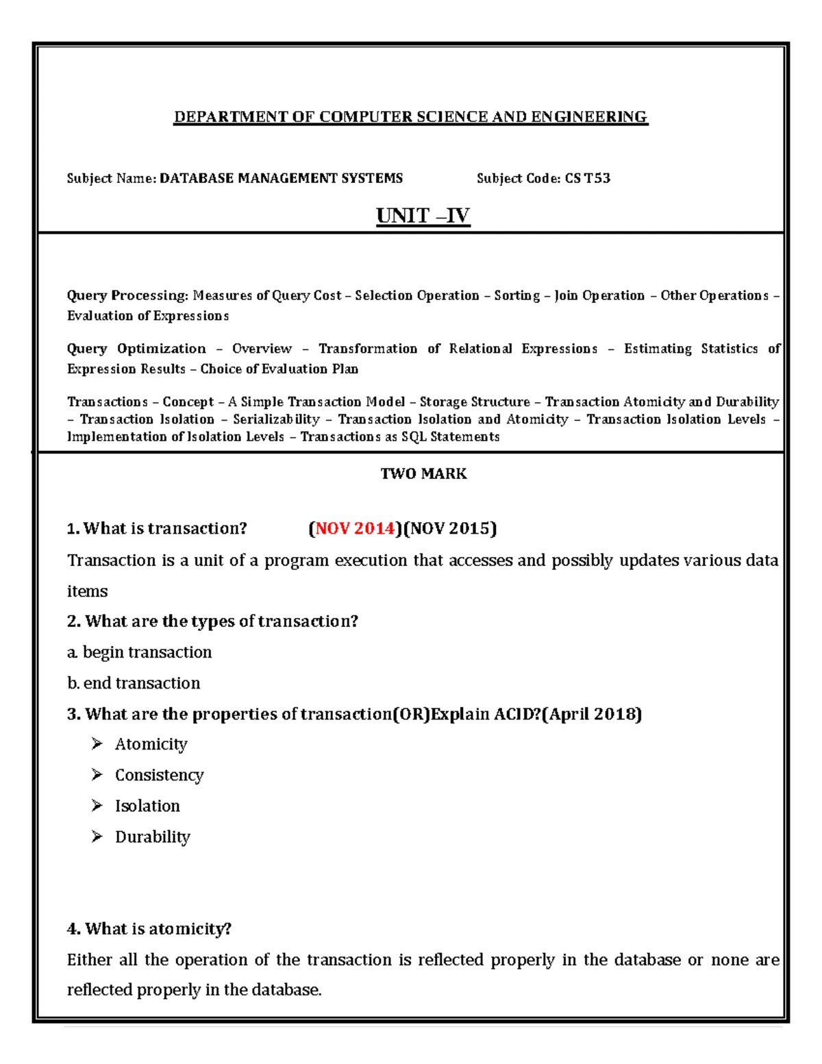 All Unit Important Questions From Dbms Department Of Computer Science