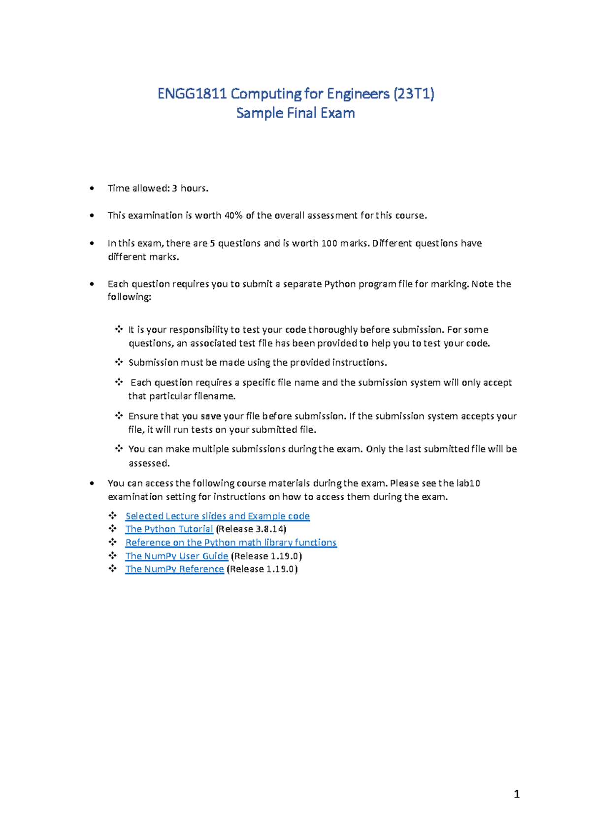 ENGG1811 Computing for Engineers (23T1) Sample Final Exam Guide - Studocu