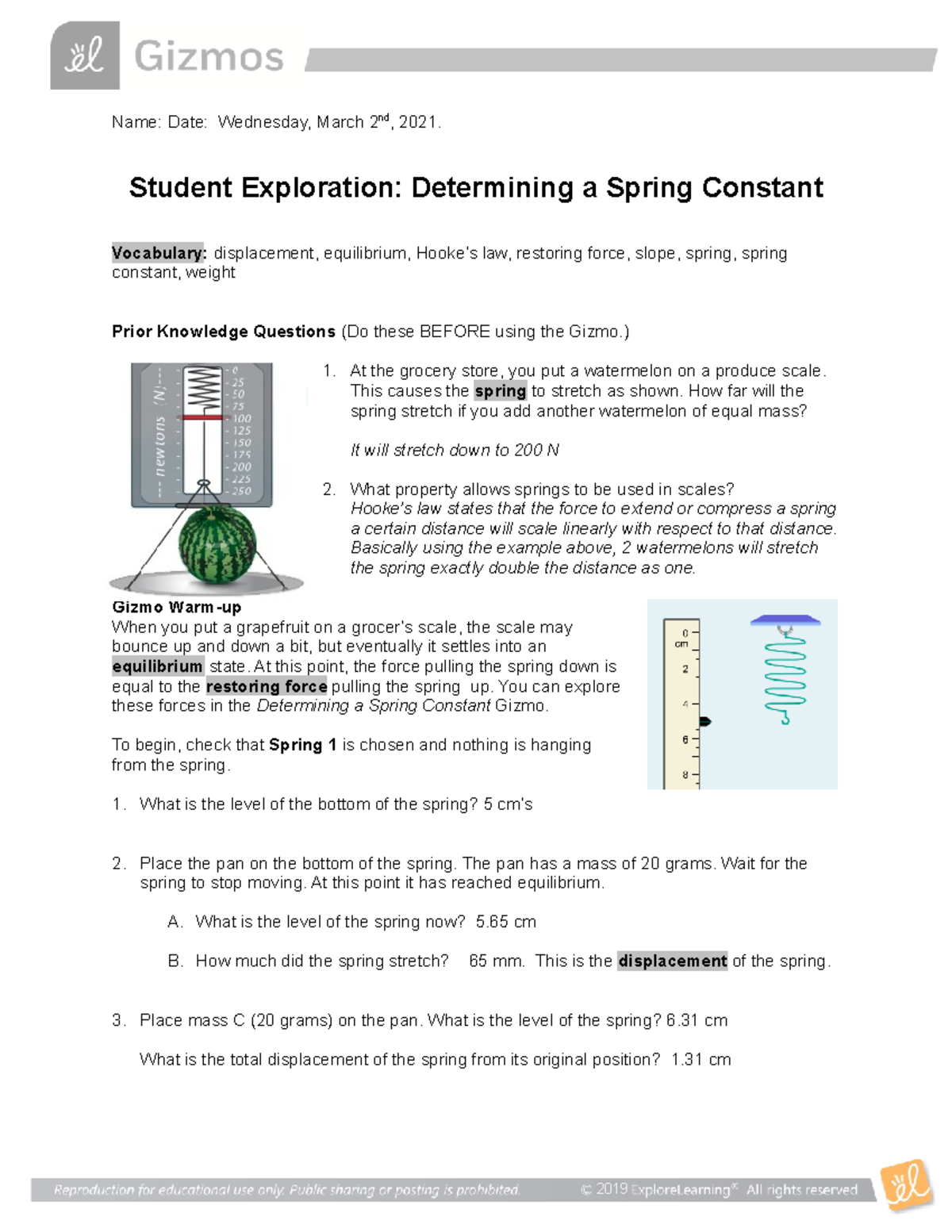 Determining the Spring Constant: Student Exploration Lab Guide - Studocu