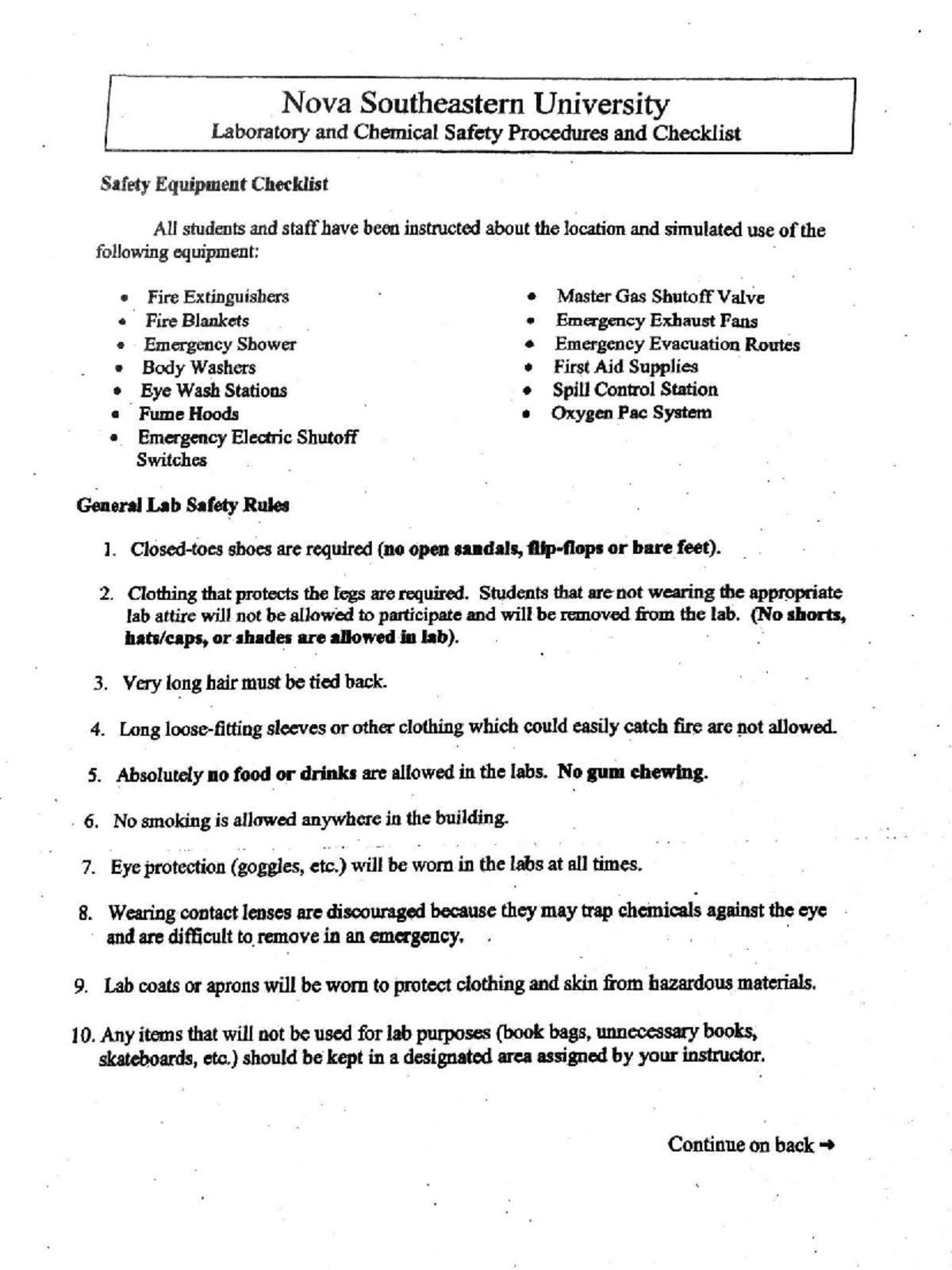 NSU Lab Safety Procedures & Equipment Checklist - Studocu