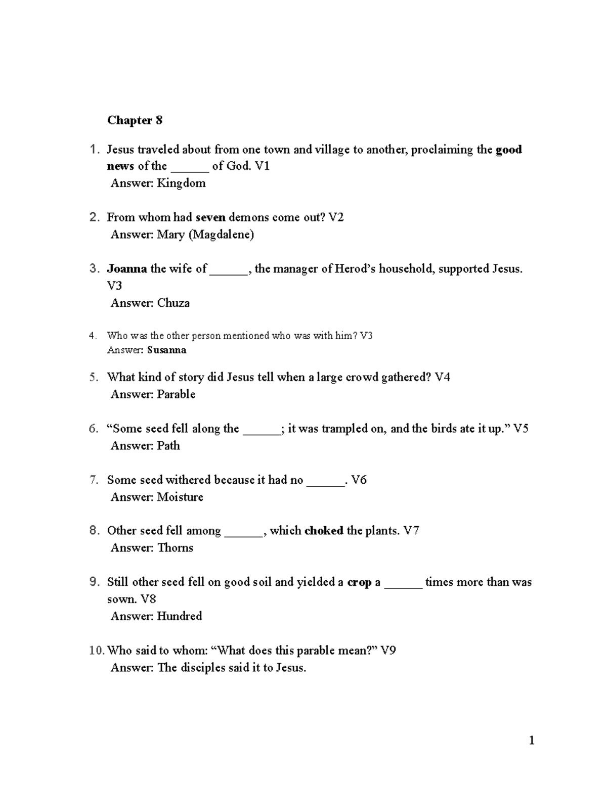 Luke NIV Chapter 8-24 Fill-in-the-Blank Study Guide - Studocu