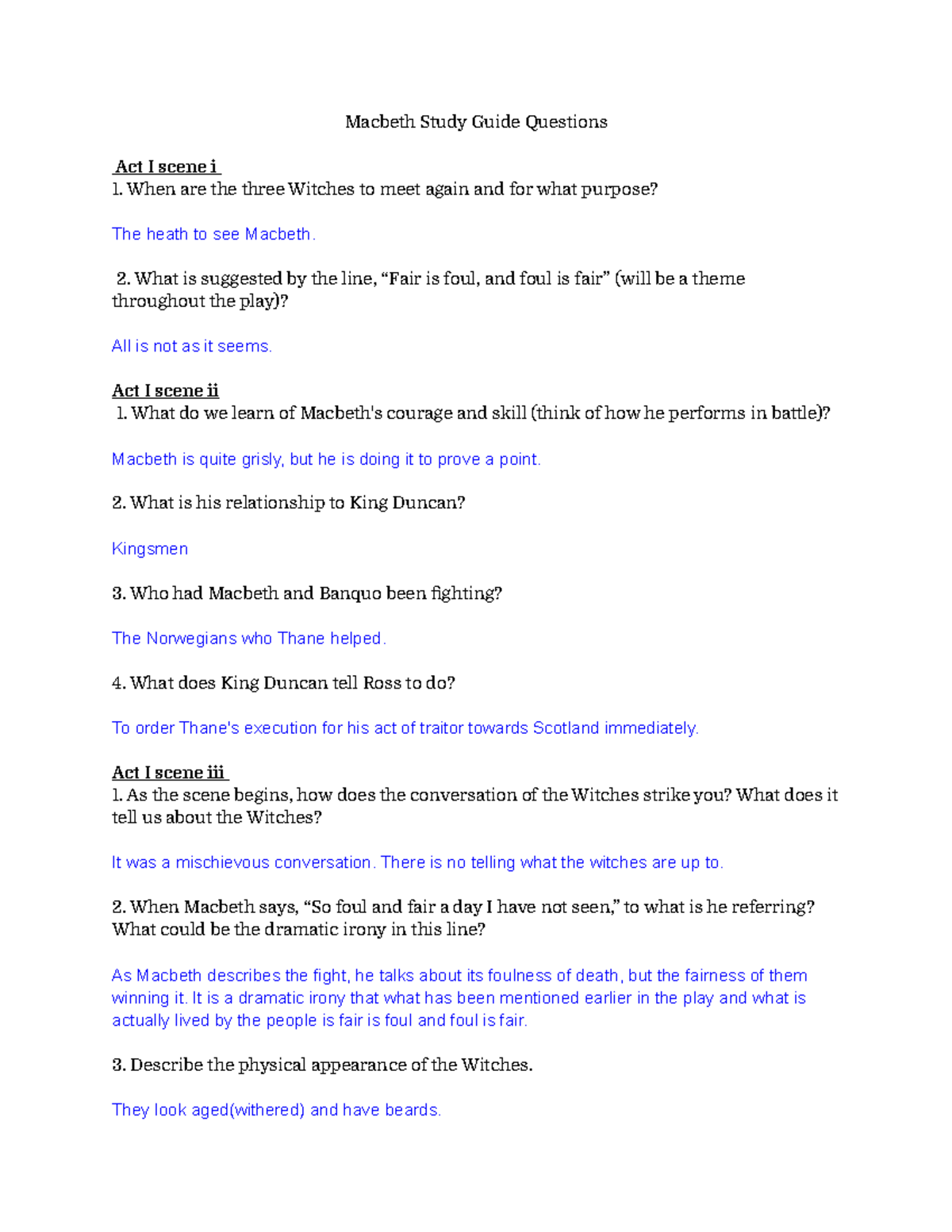 Macbeth Study Guide Questions - Act I Overview and Analysis - Studocu