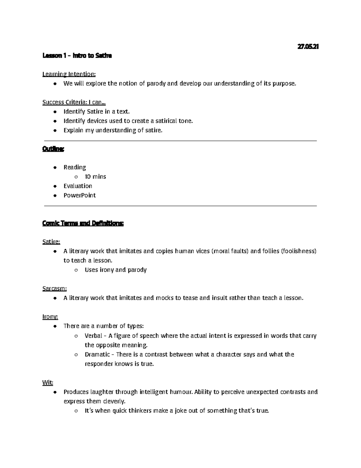 10EN1 - Lesson One Intro to Satire - 27. Lesson 1 - Intro to Satire ...