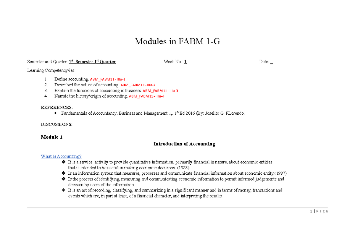 FABM 1 Module 1 - Introduction to Accounting Concepts and Functions ...