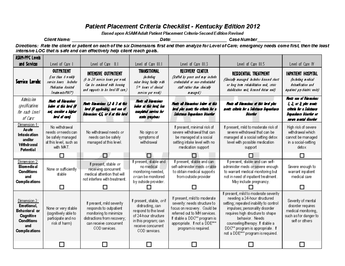 Asam level of care cheat sheet - Patient Placement Criteria Checklist ...