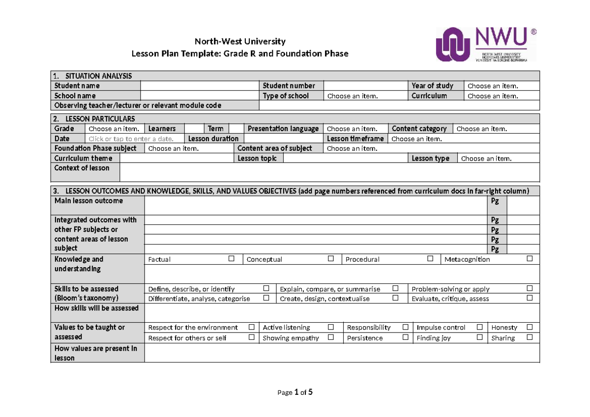 Foundation Phase Lesson Plan Template: Grade R - Diploma - Studocu