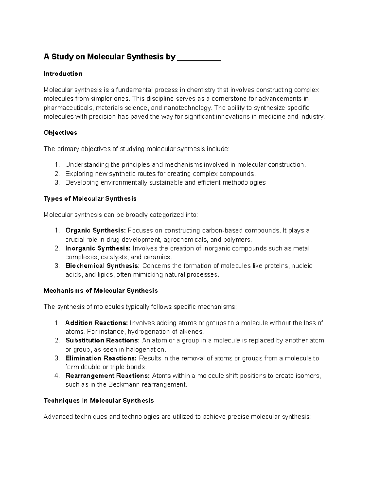 Study of Molecular Synthesis: Principles, Techniques & Applications ...