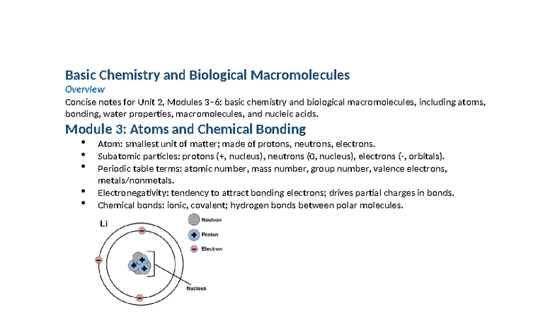 Basic Chemistry and Biological Macromolecules - Module 3: Atoms and ...