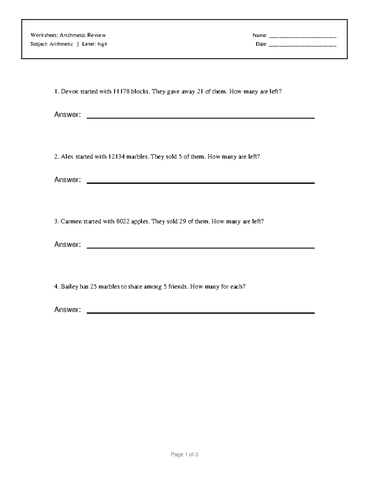 Arithmetic Review Worksheet: High Level Practice - Studocu