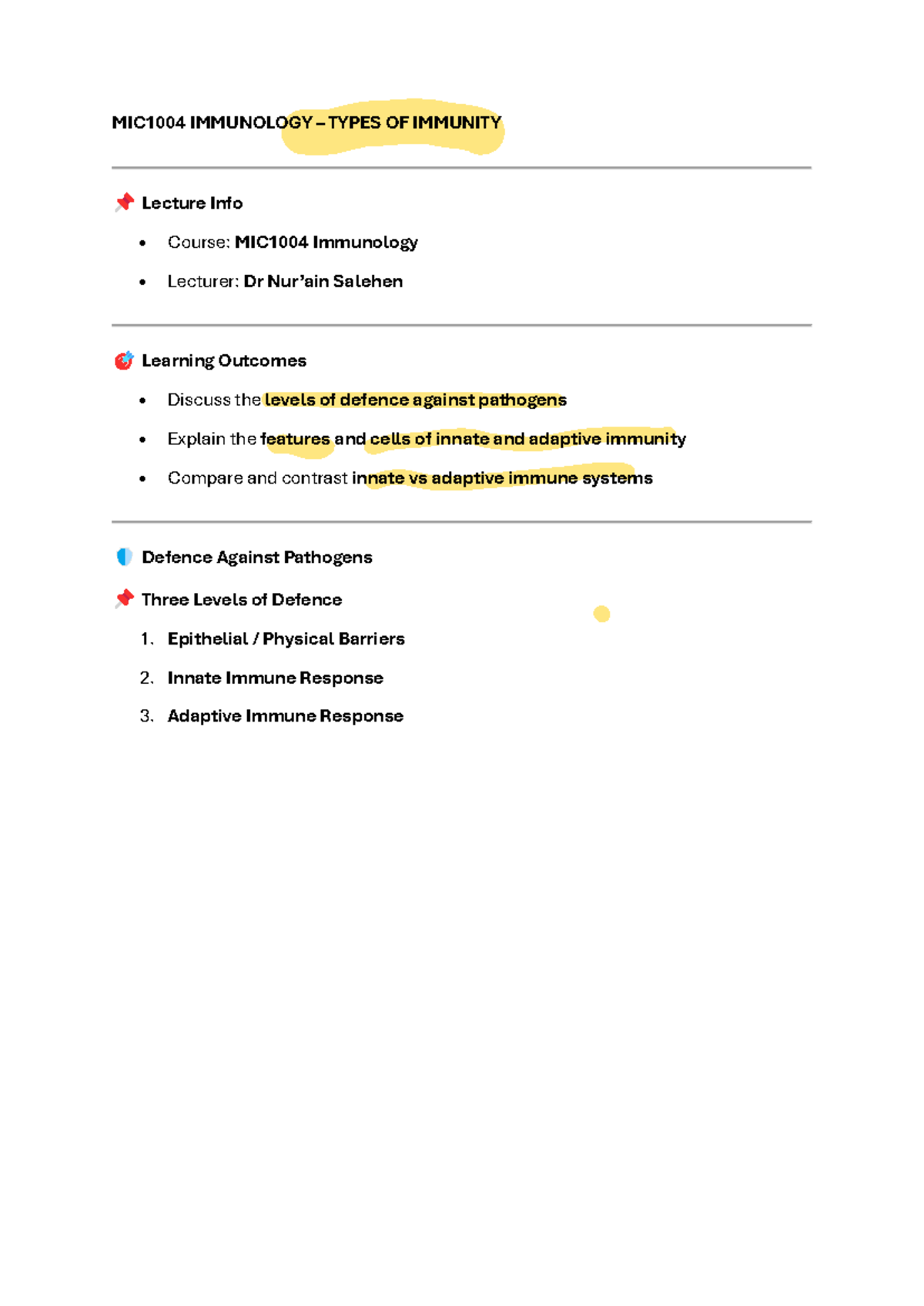 MIC1004 Lecture: Defence Against Pathogens - Studocu