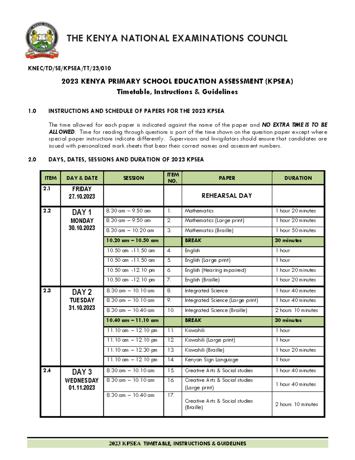 2023 KPSEA timetable and instructions for primary school assessment - Studocu