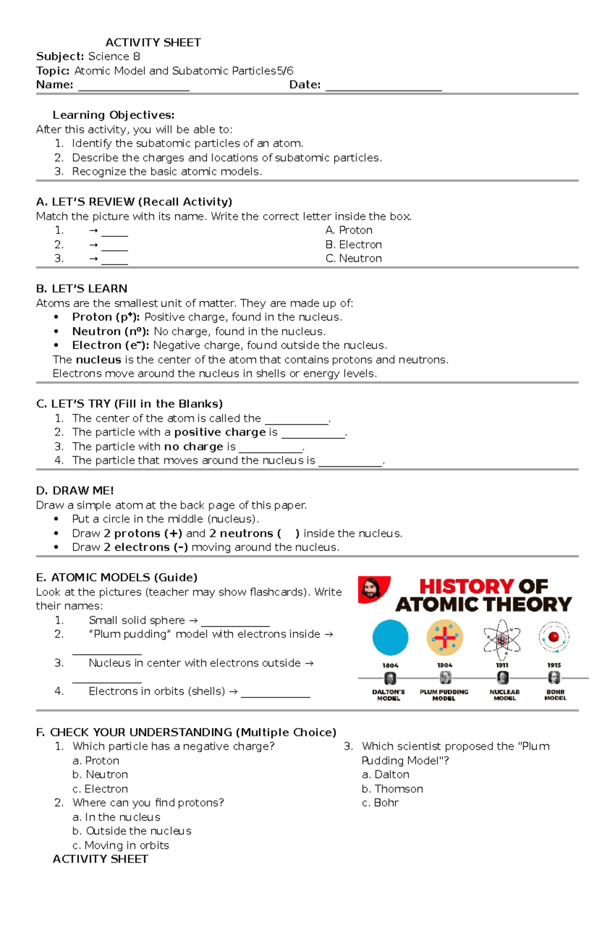 Activity Sheet Q2-G8: Atomic Models, Elements, & Chemical Properties ...