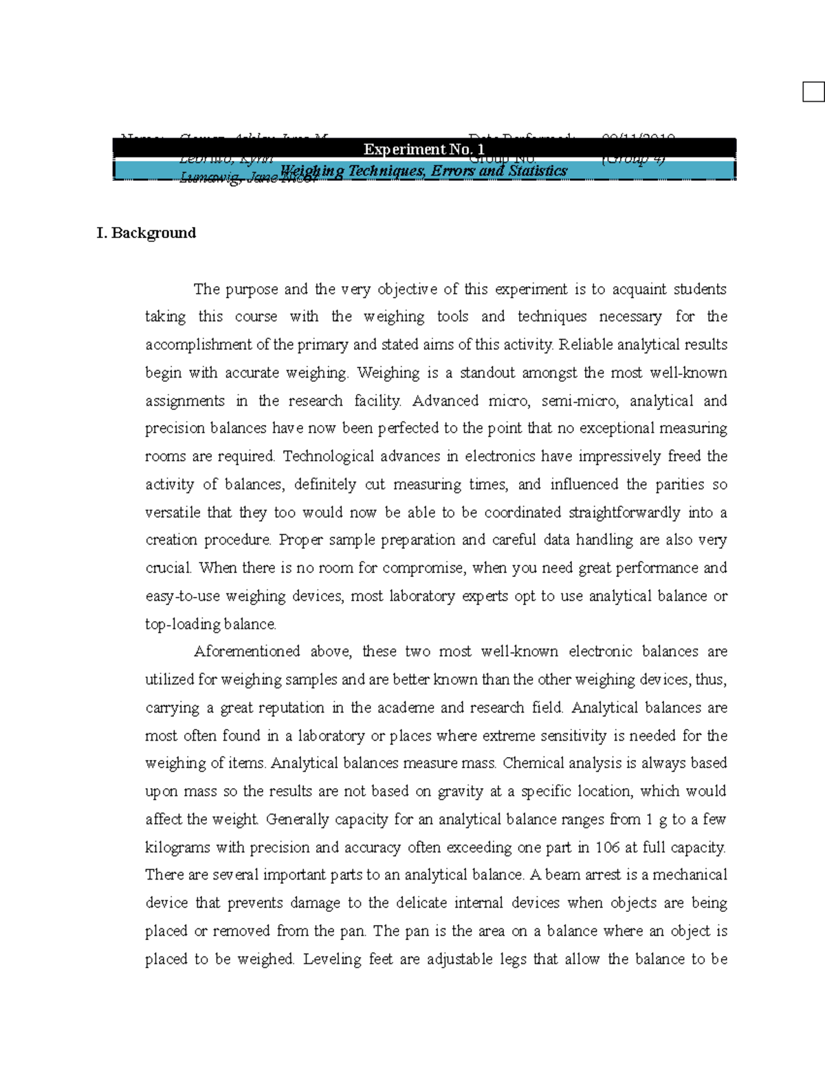 Experiment No. 1 - Weighing Techniques and Methods in Lab - Studocu