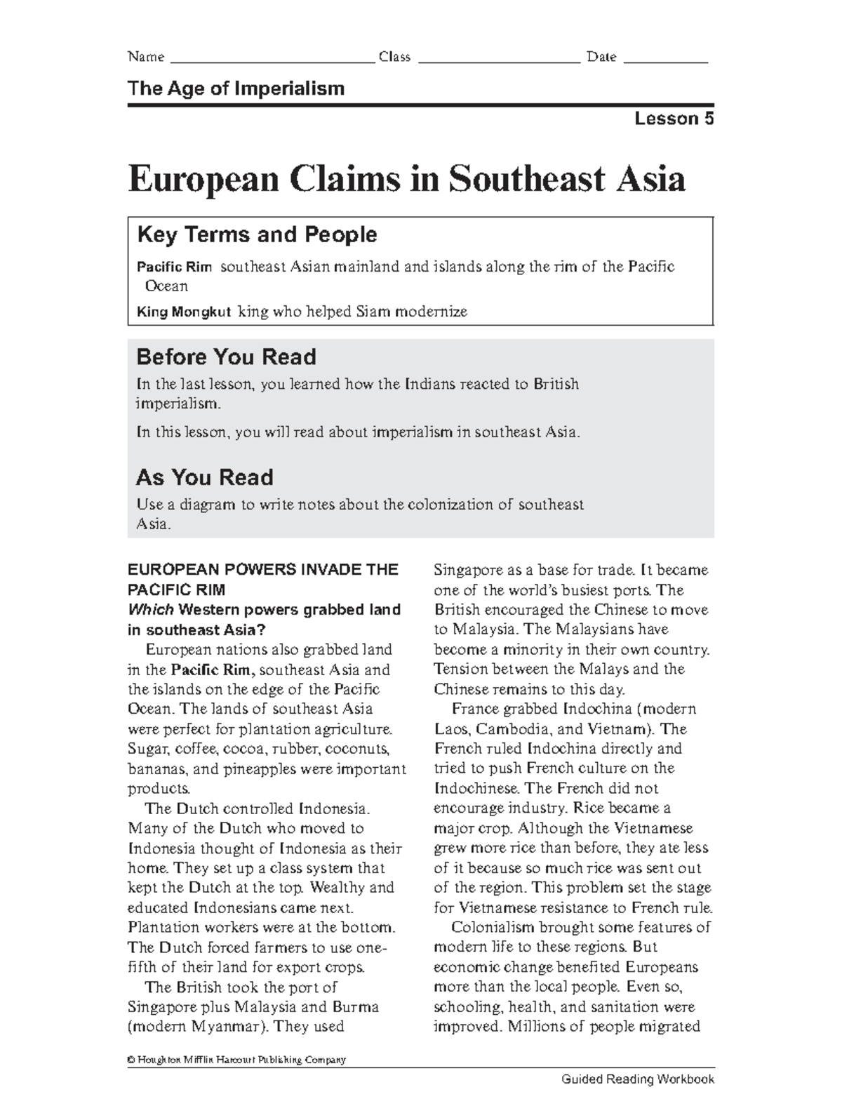 Southeast Asia Lesson 5: European Imperialism and Key Terms - Studocu