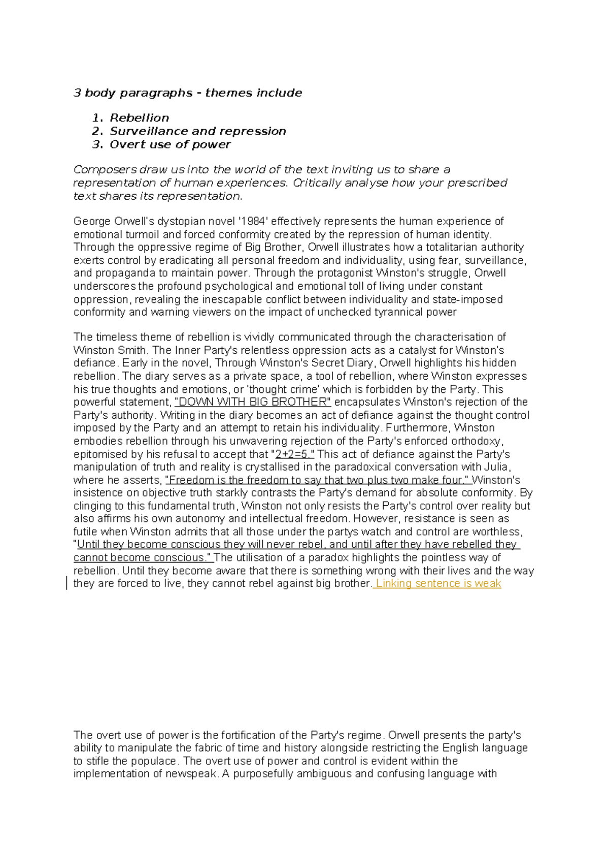 Trial PREP - Texts and Human Experiences - 1984 Essay - 3 body ...