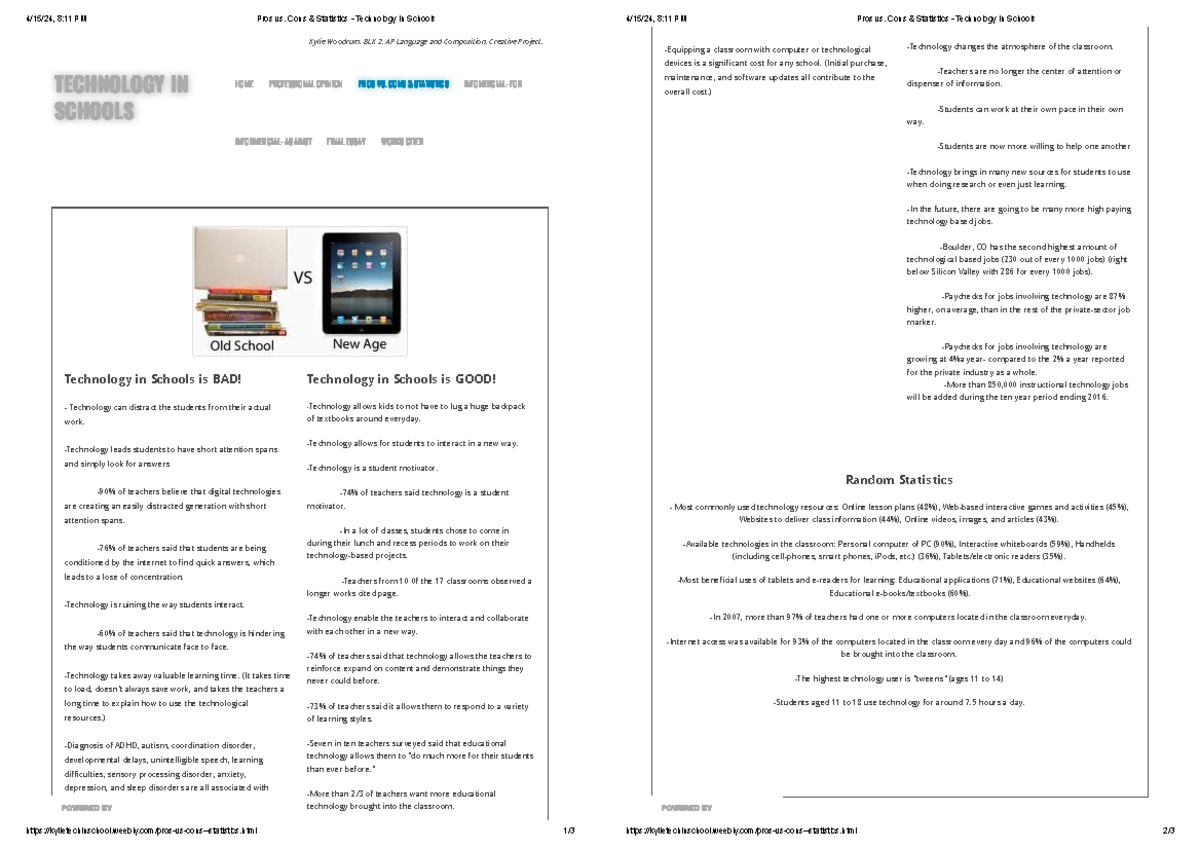 BLK 2 AP Lang & Comp: Pros & Cons of Technology in Schools Essay - Studocu