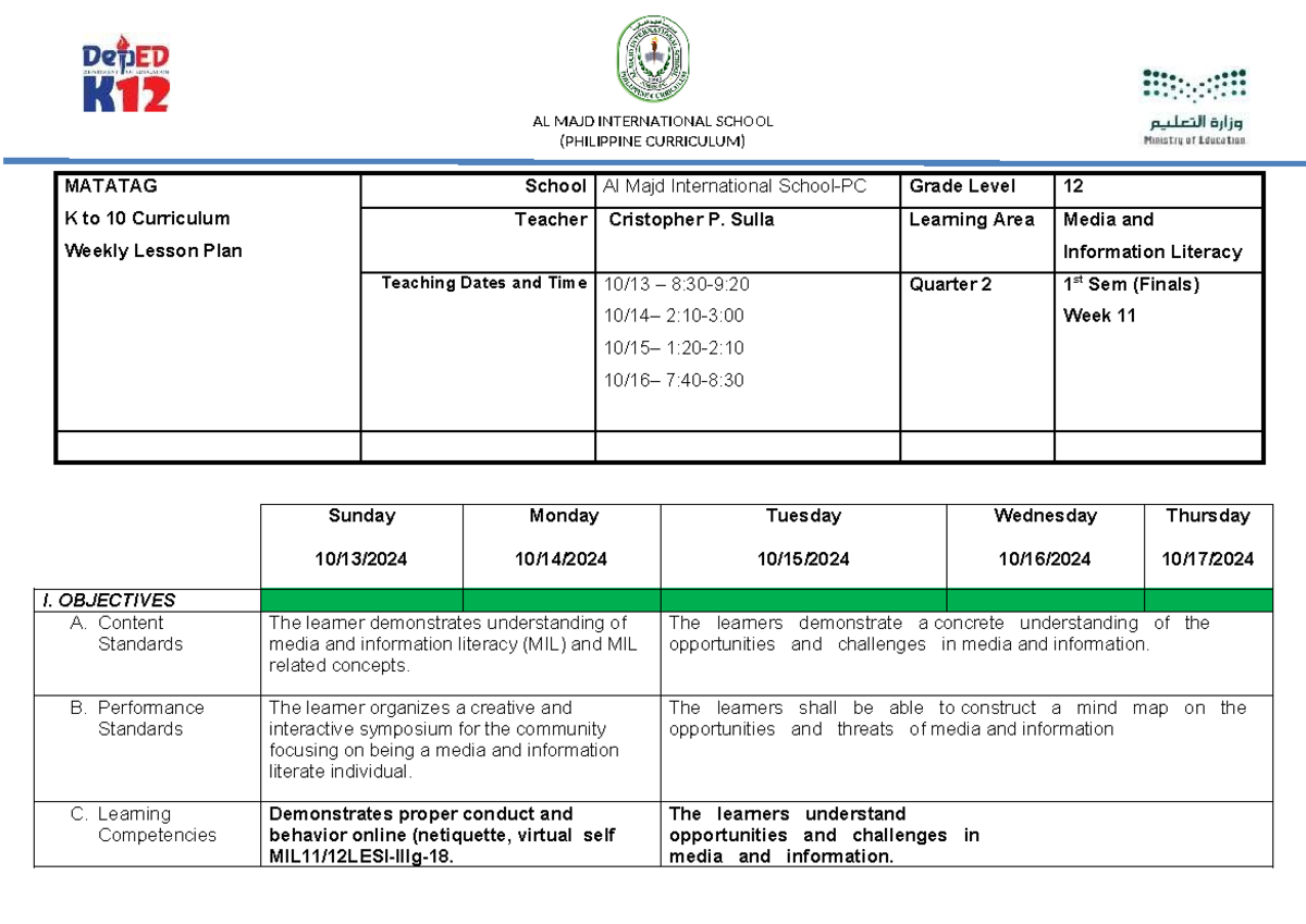 MIL - LP-Week 11 - Media & Information Literacy Lesson Plan - Studocu