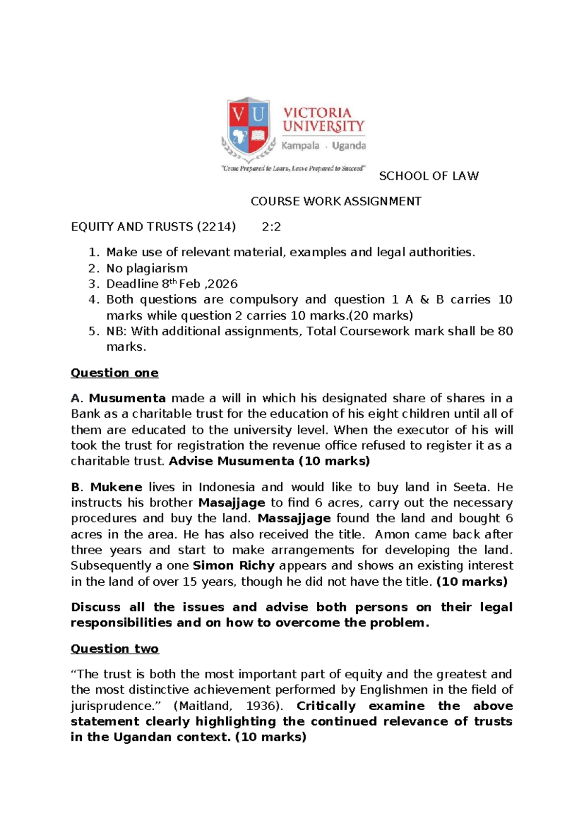Equity and Trusts Coursework Assignment (2214) - Key Legal Issues - Studocu