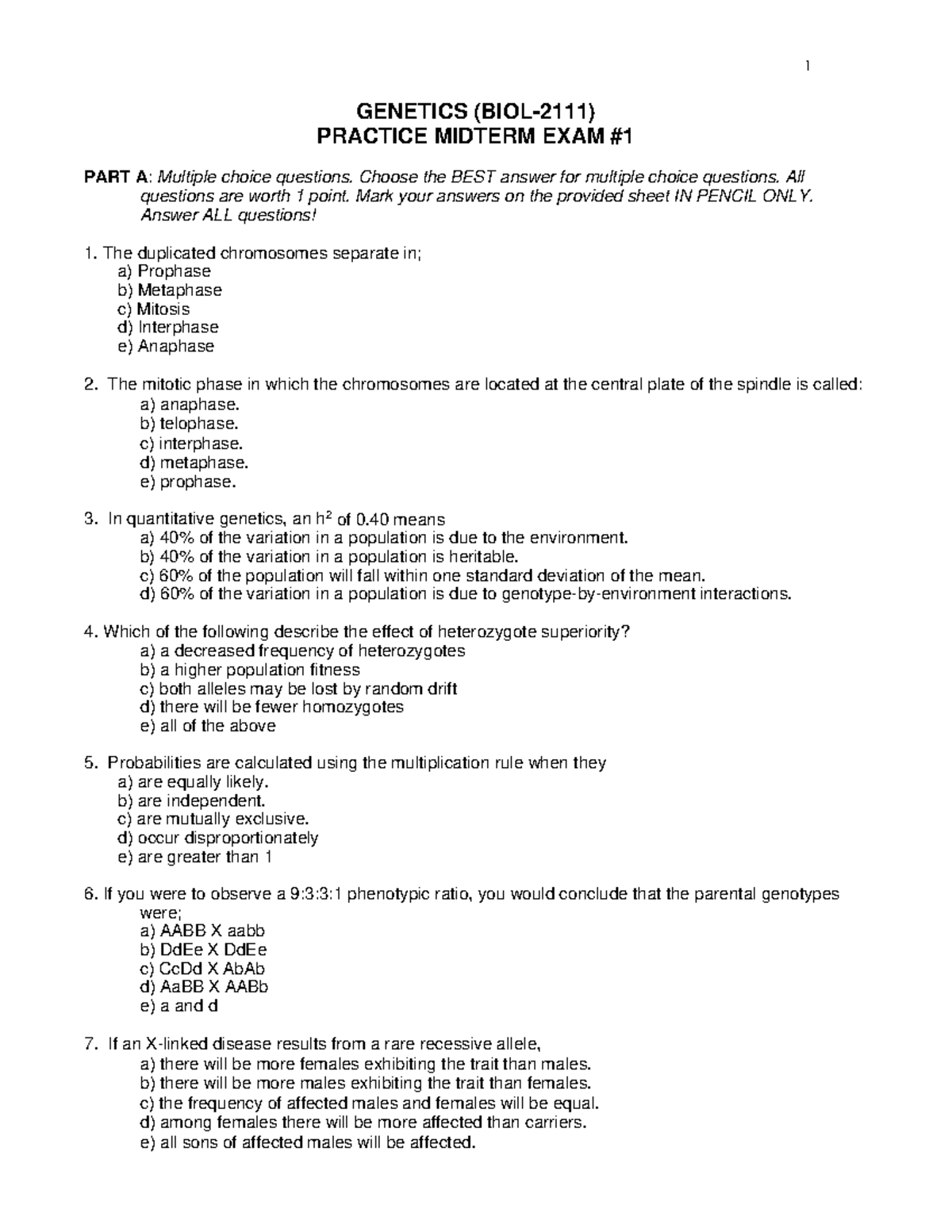 Genetics Midterm 1 Practice Questions (BIOL-21 11) - Studocu