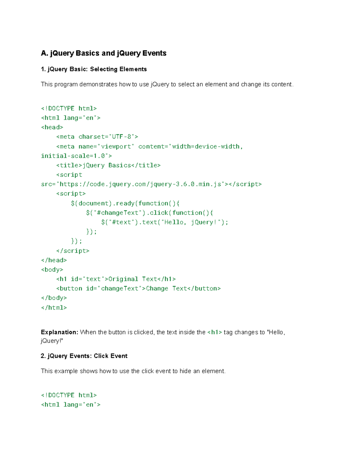 Practical 8: jQuery Basics, Events, Selectors & Effects - Studocu
