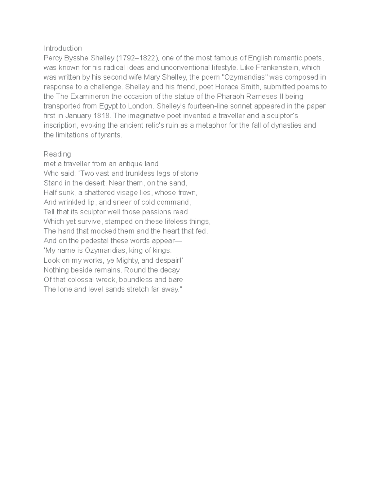 Ozymandias by Percy Bysshe Shelley - English 1 Analysis - Introduction ...