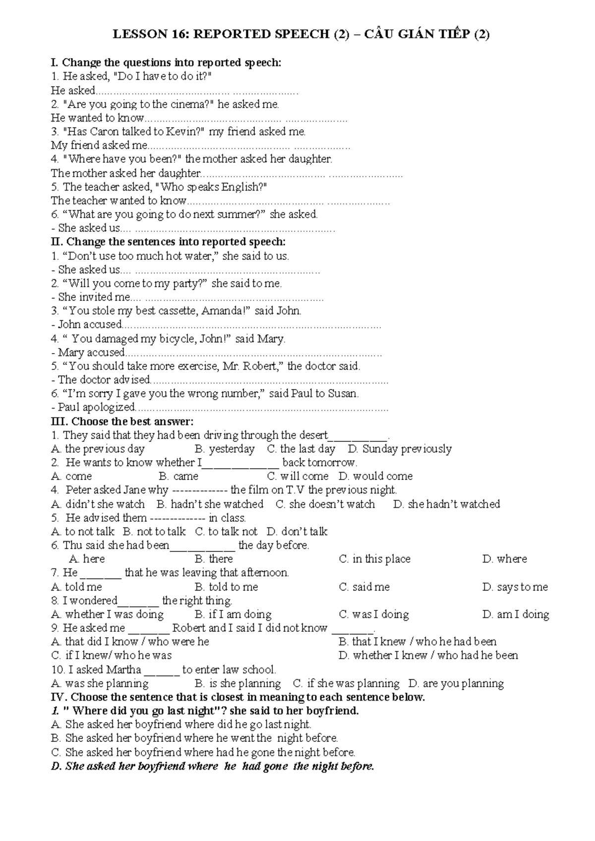 BT Lesson 16: Reported Speech (2) - Câu Gián Tiếp 2T - Studocu