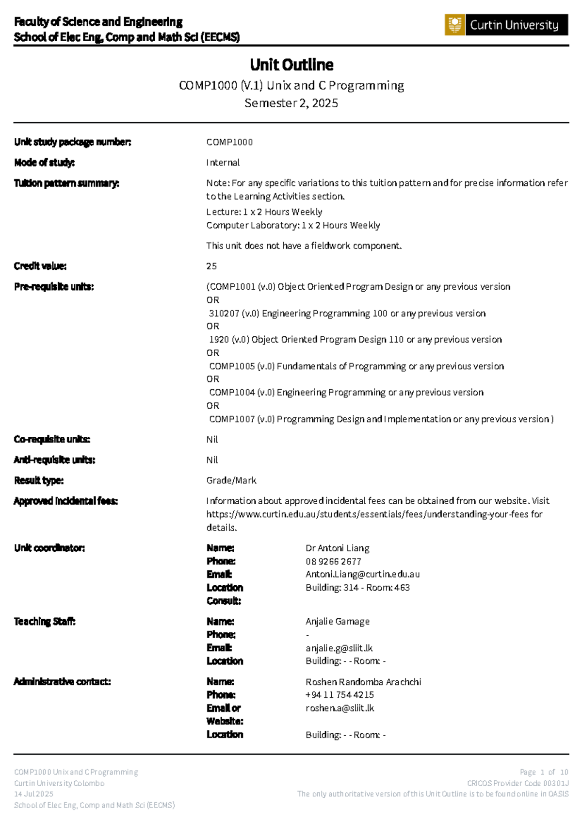 COMP1000 Unit Outline: Unix and C Programming - Semester 2, 2025 - Studocu
