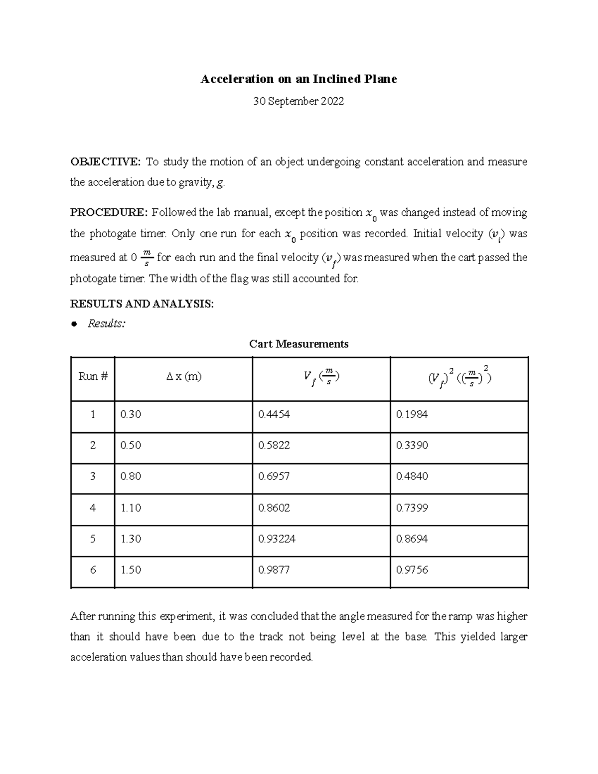 Physics 125 Lab 1 Report - Acceleration on an Inclined Plane 30 ...