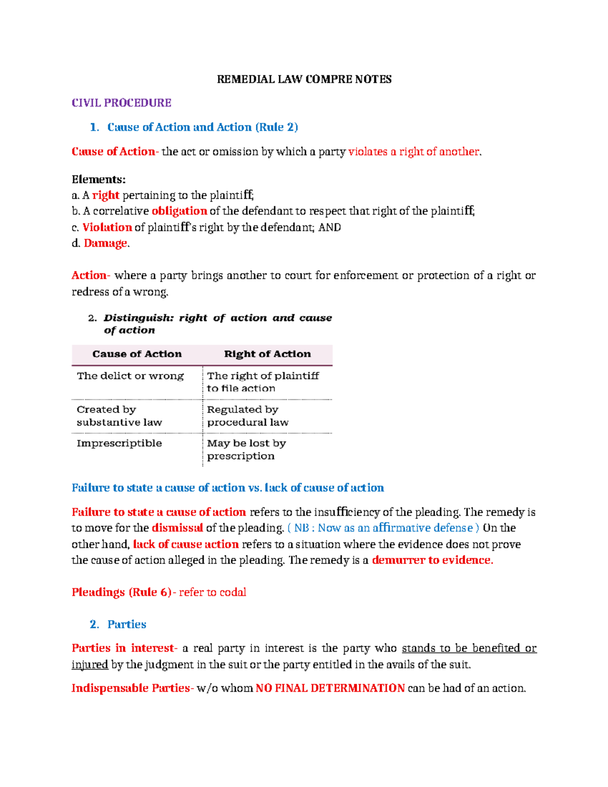 REMEDIAL LAW COMPRE NOTES: CIVIL PROCEDURE 1 - Cause of Action - Studocu