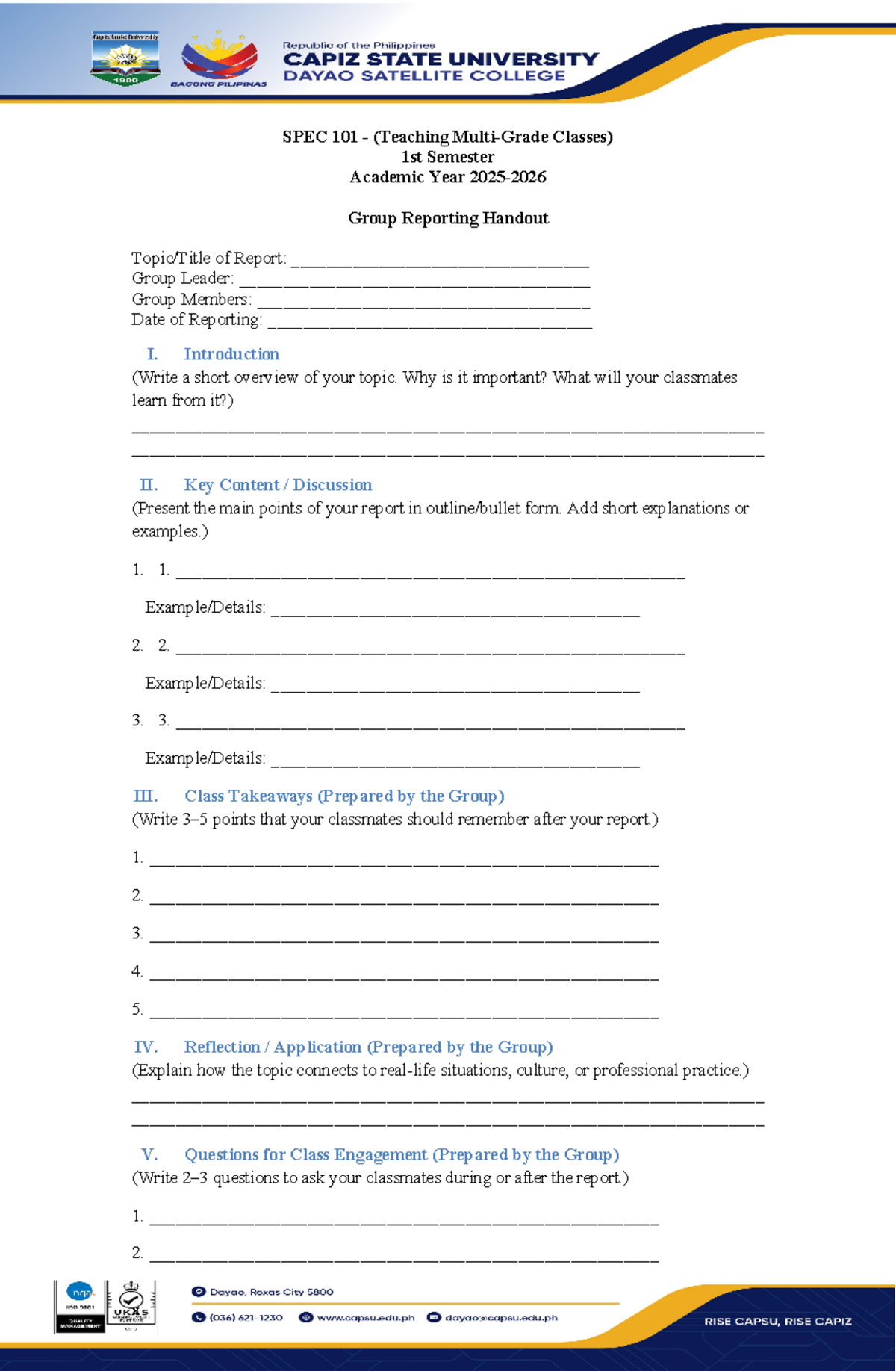 SPEC 101 Group Reporting Handout Template for 1st Semester - Studocu
