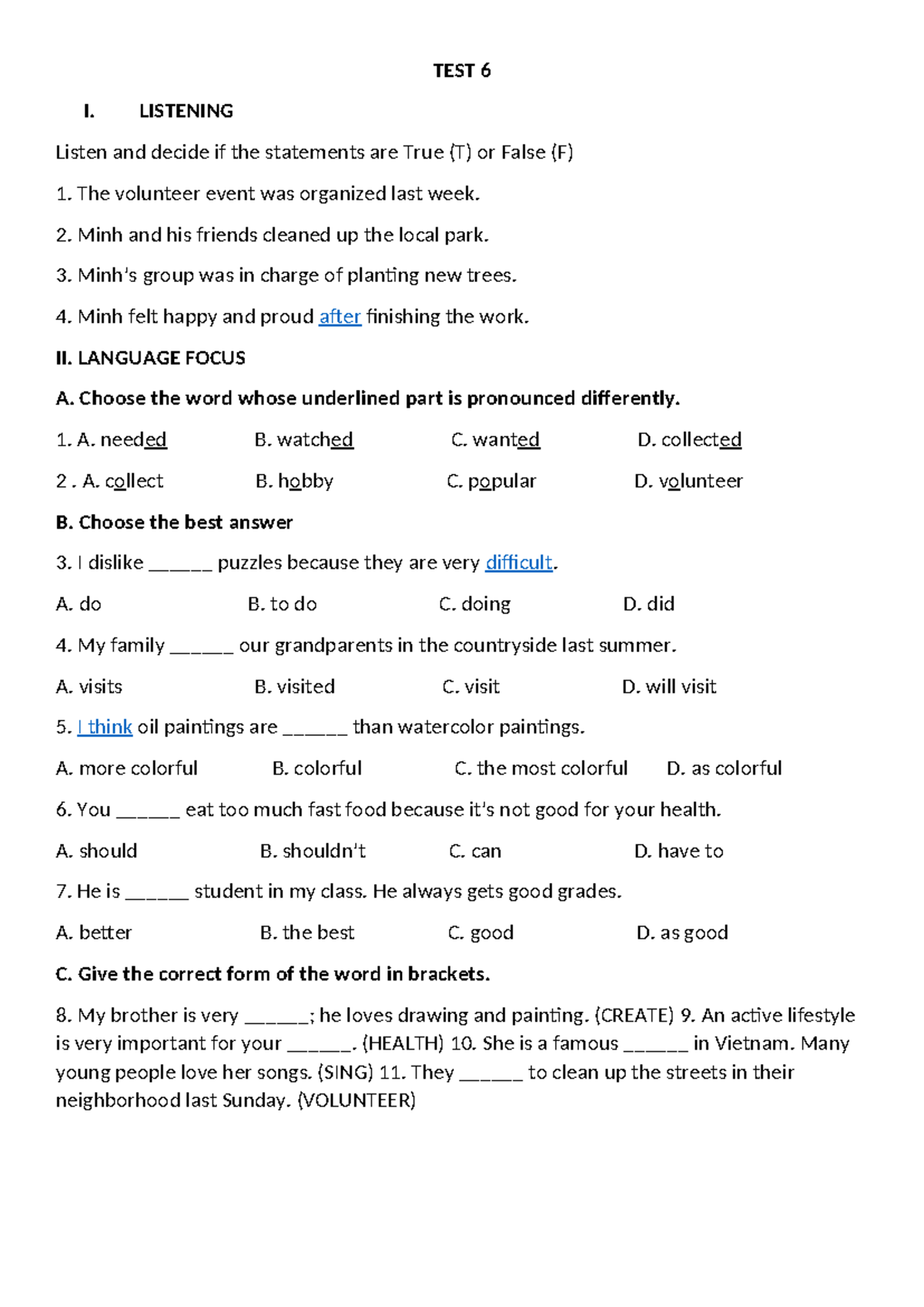 TEST 6 - Listening & Language Focus - English 7 - Studocu
