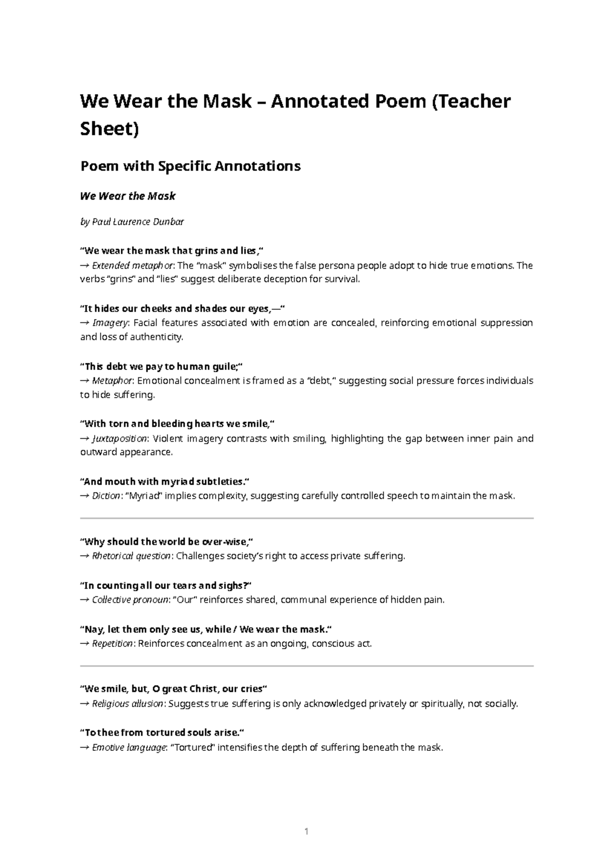 We Wear the Mask – Annotated Poem Analysis (Teacher Sheet) - Studocu