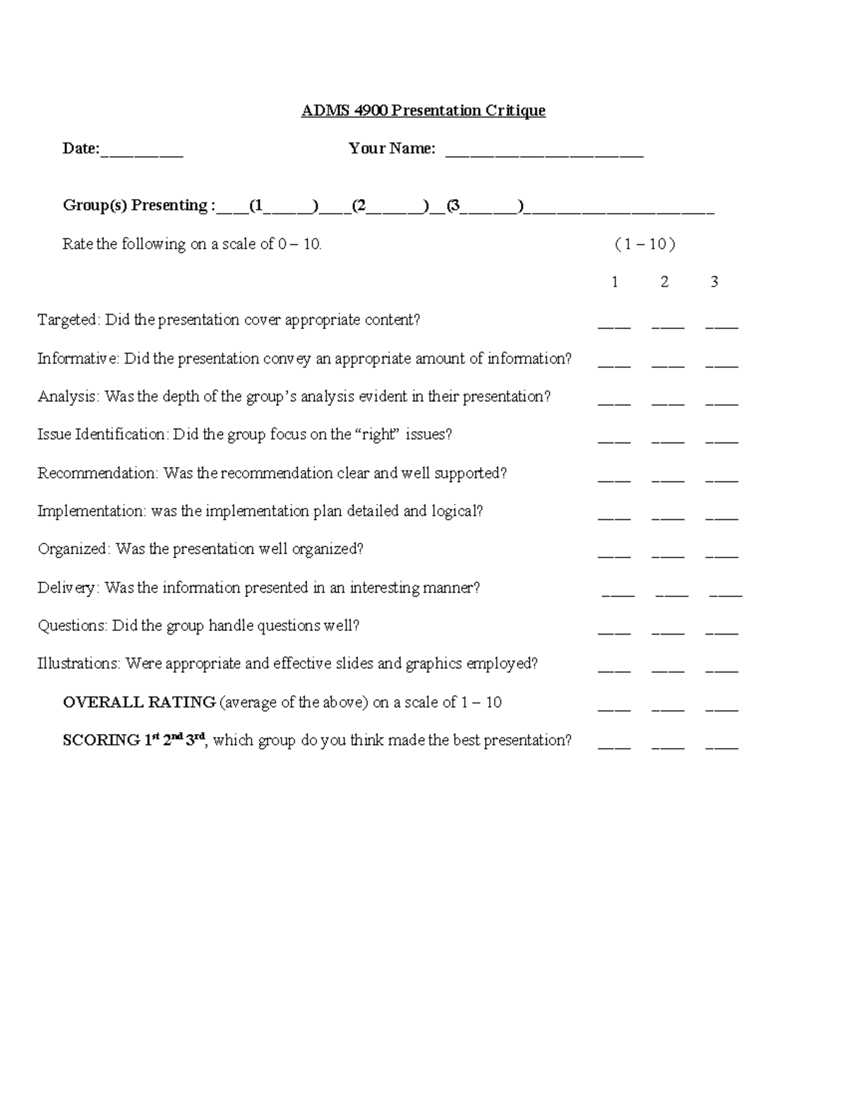 ADMS 4900 Presentation Critique: Evaluation and Feedback Guide - Studocu