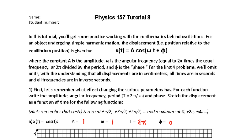 Physics 157 Tutorial 8: Understanding Simple Harmonic Motion - Studocu
