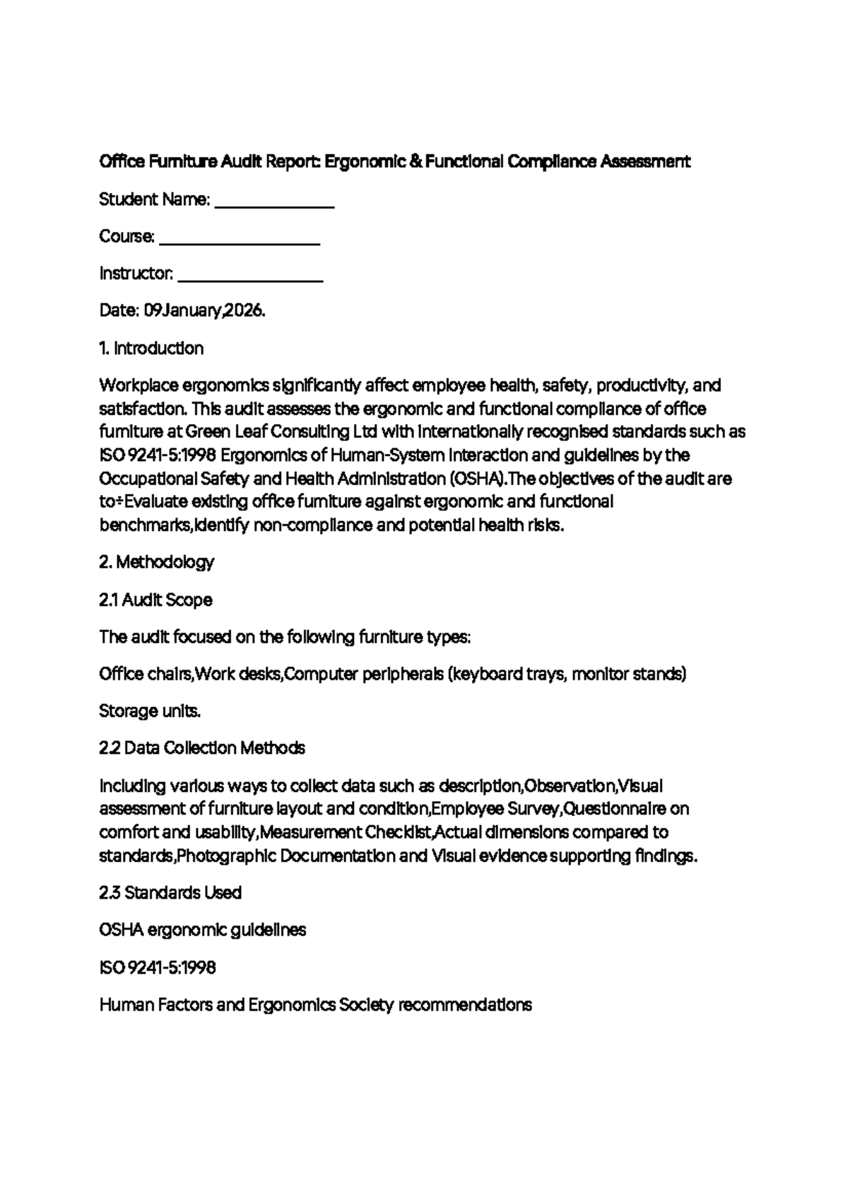 Office Furniture Audit Report: Ergonomic Compliance Assessment - Studocu