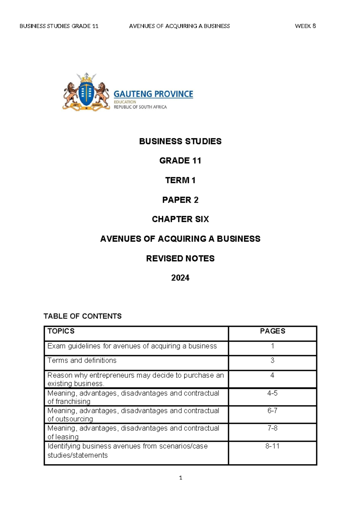 Grade 11 BSTD 2024 Notes: Avenues to Acquire Businesses - Revised - Studocu